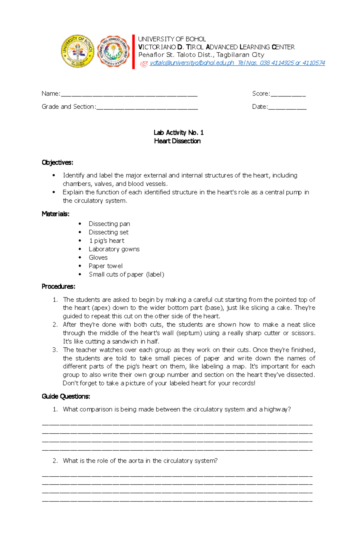 Grade 9- Activity 1 Heart Dissection - Name ...