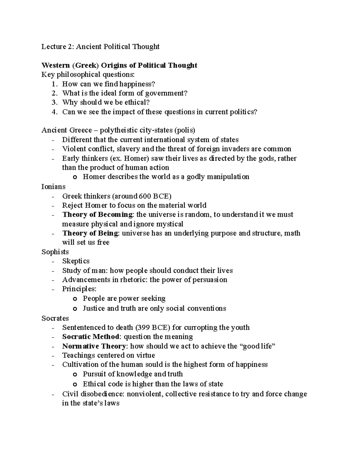 Pol Sci Lecture 2- Ancient Political Thought - Lecture 2: Ancient ...