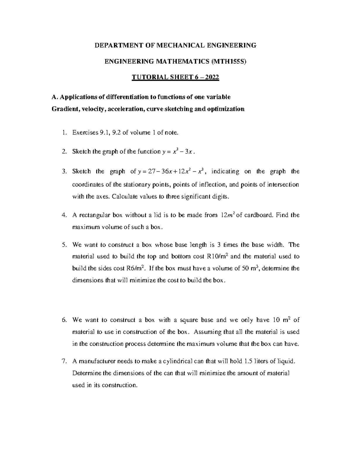 Tutorial Sheet 6 - Questions - DEPARTMENT OF MECHANICAL ENGINEERING ...