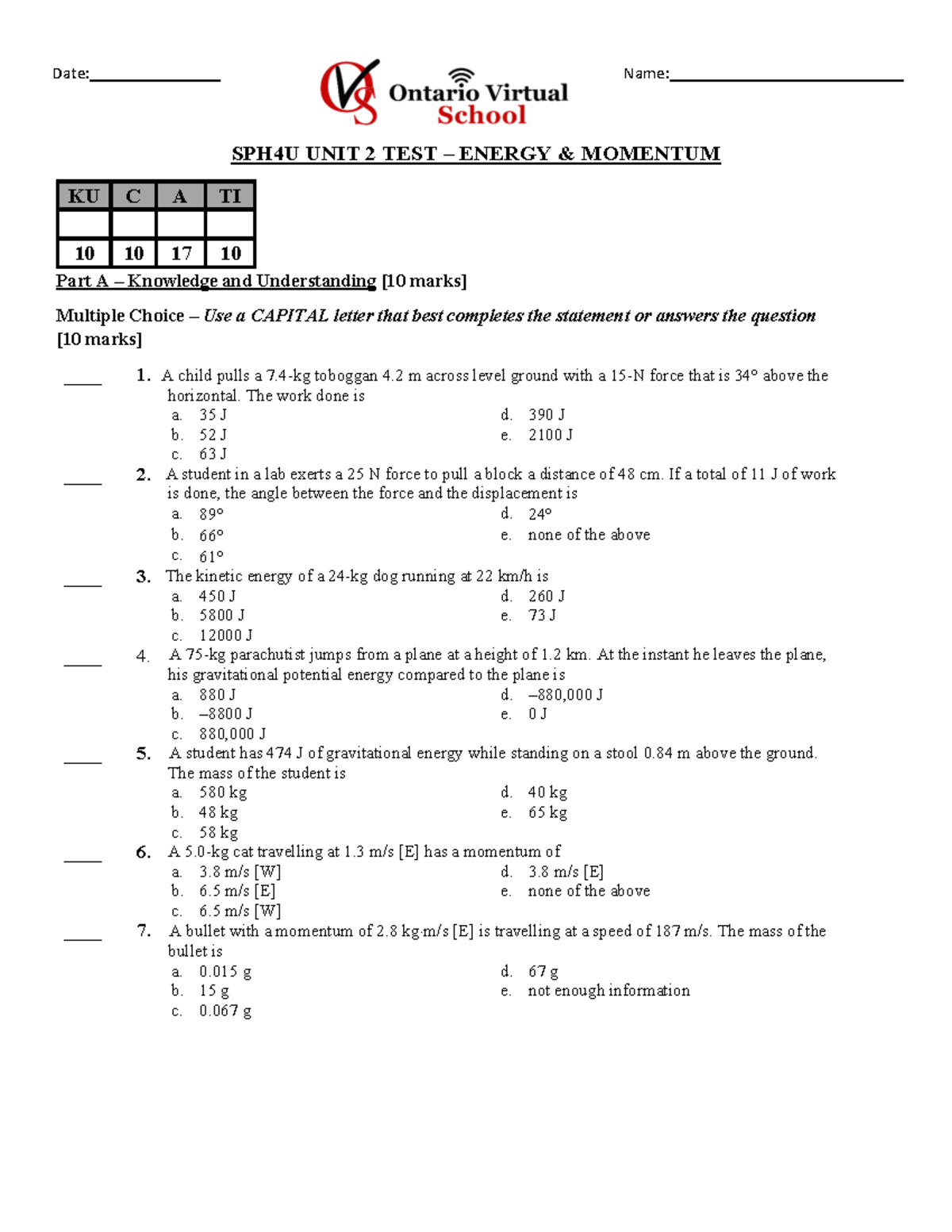 1712011 457-OVS - Unit 2 Test - Energy and Momentum - 2024 - SPH4U UNIT ...