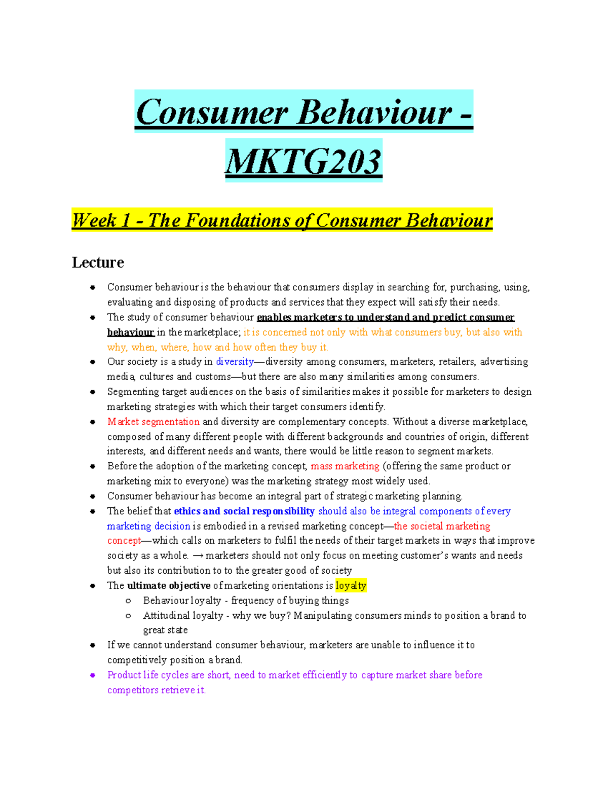 MKTG203 - Lecture notes + revision - Consumer Behaviour - MKTG Week 1 ...