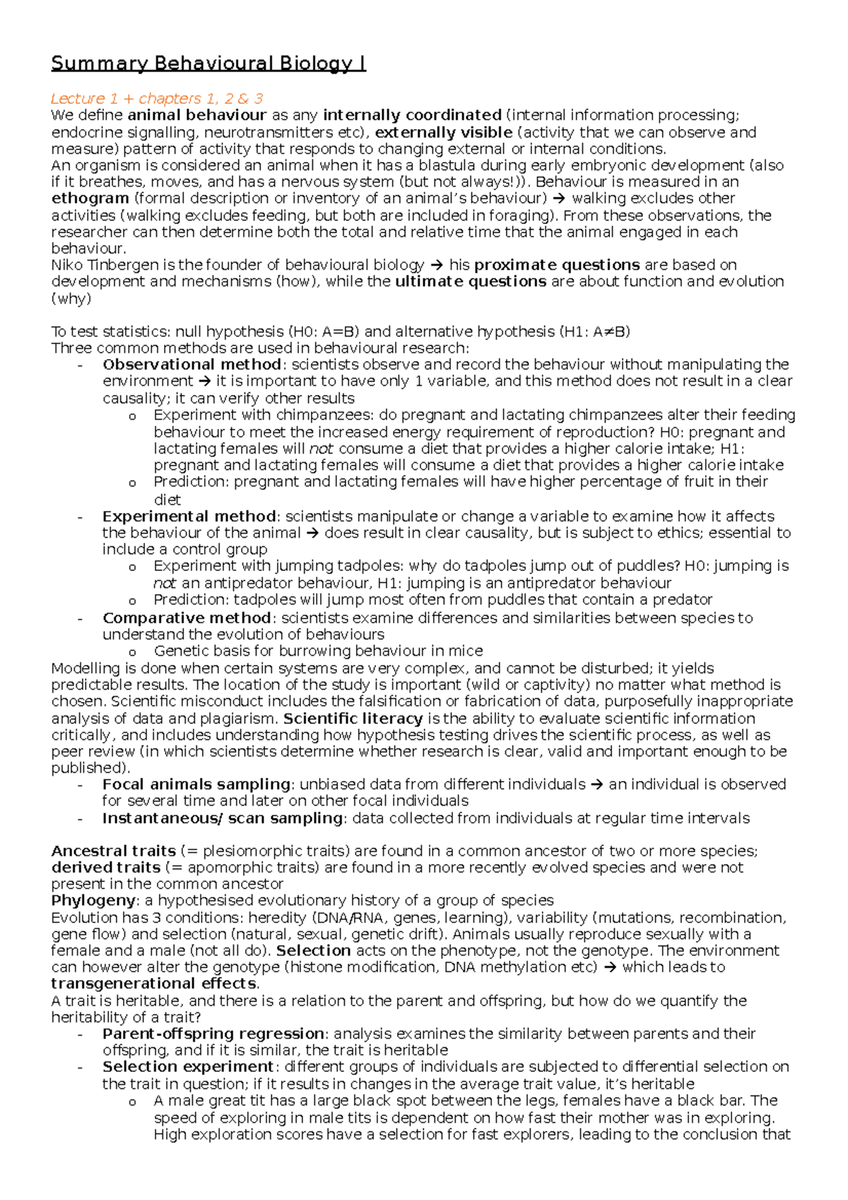 Summary Behavioural Biology I - Summary Behavioural Biology I Lecture 1 ...