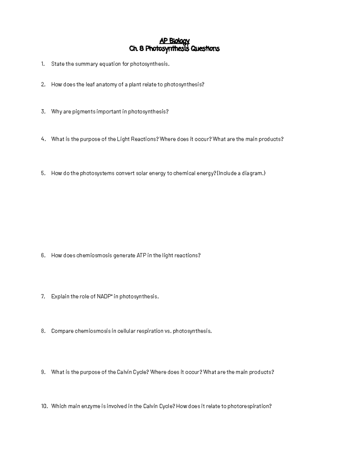 Photosynthesis Questions - AP Biology Ch. 8 Photosynthesis Questions 1 ...