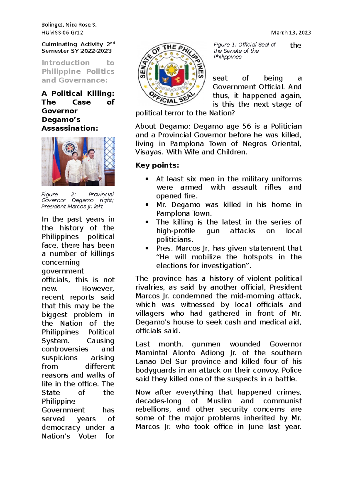 Politics Portfolio Culminating Activity - Bolinget, Nica Rose S. HUMSS ...