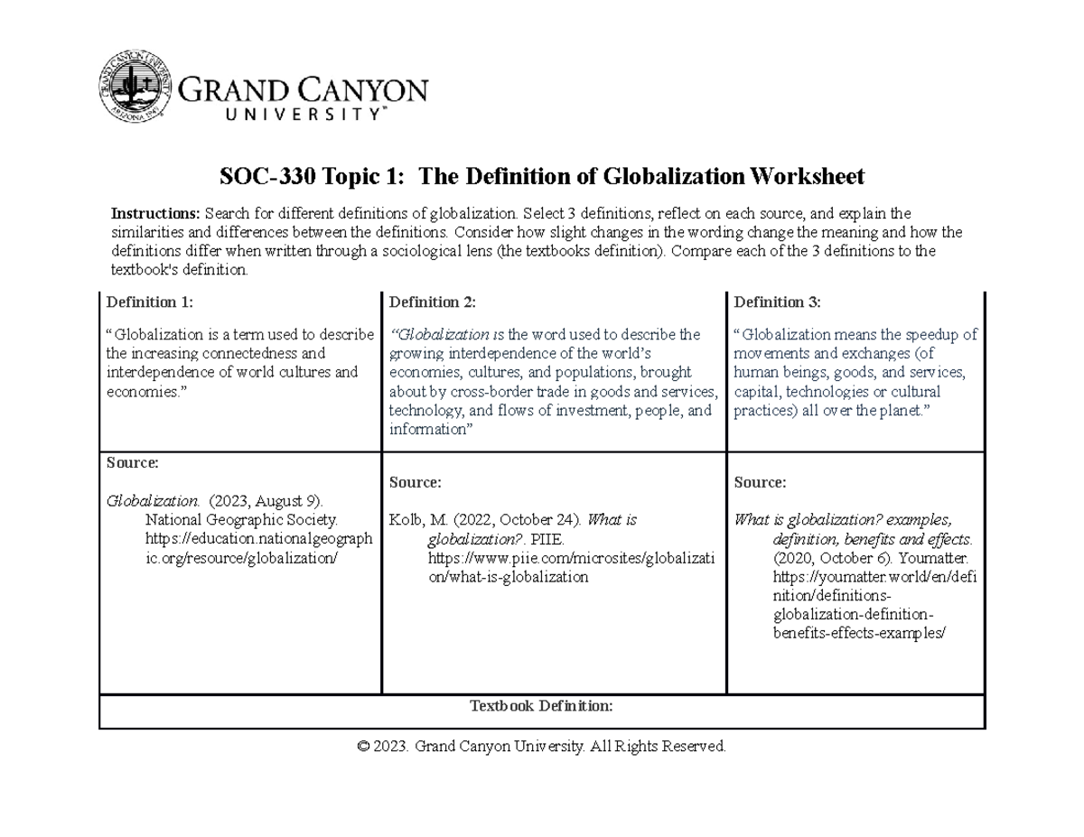 SOC 330 RS T1 The Defintionsof Globalization Worksheet - SOC-330 Topic ...