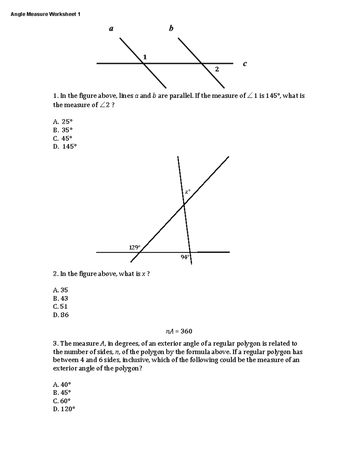 Angle Measure 1 homework - In the figure above, lines a and b are ...