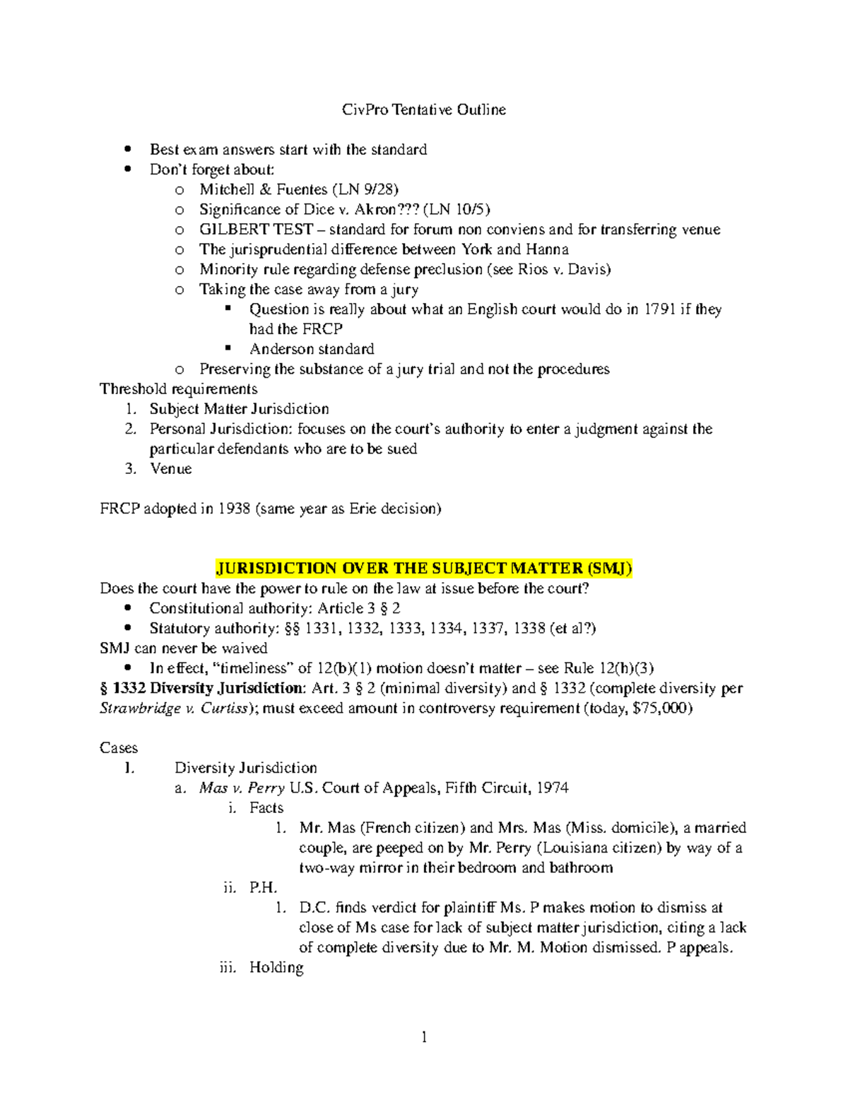 Civ Pro Ragazzo Outline - CivPro Tentative Outline Best exam answers ...