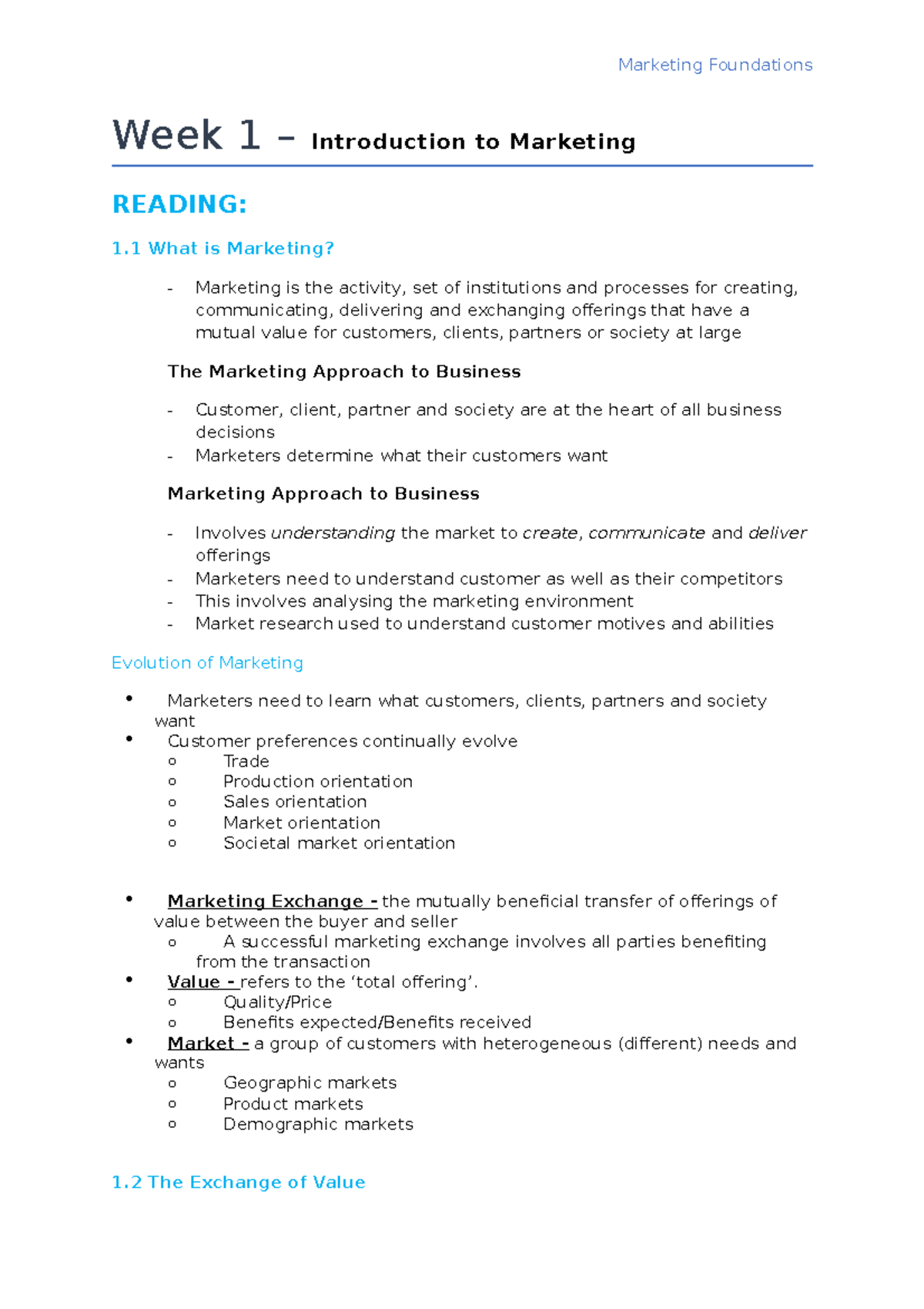 MF notes completed - Week 1 – Introduction to Marketing READING: 1 What ...
