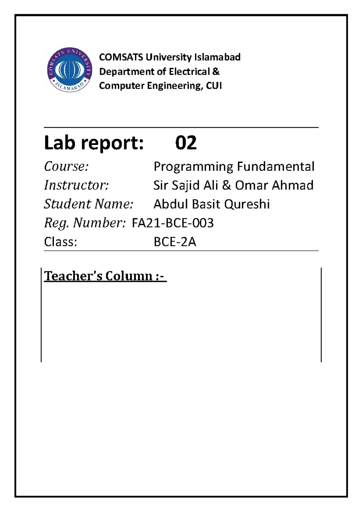 Lab report 2 - Lab report: 02 Course: Programming Fundamental Instructor: Sir Sajid Ali & Omar ...