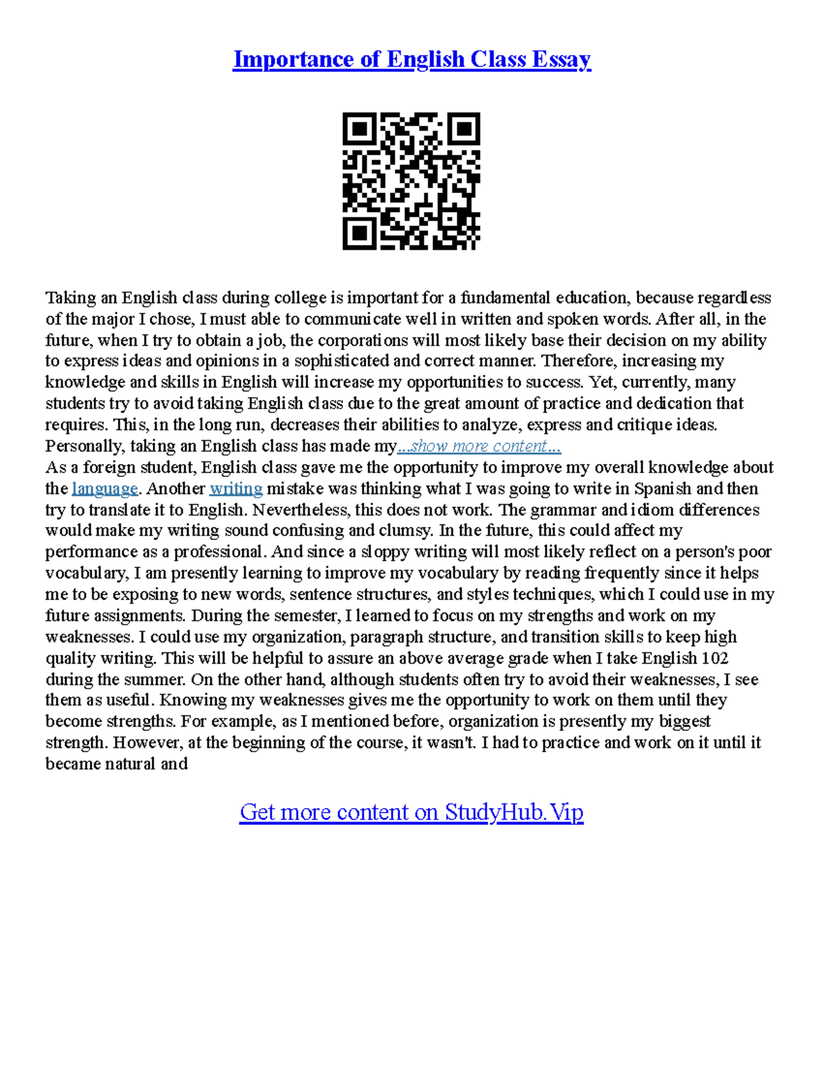 English Essays For High School Students - Importance of English Class ...