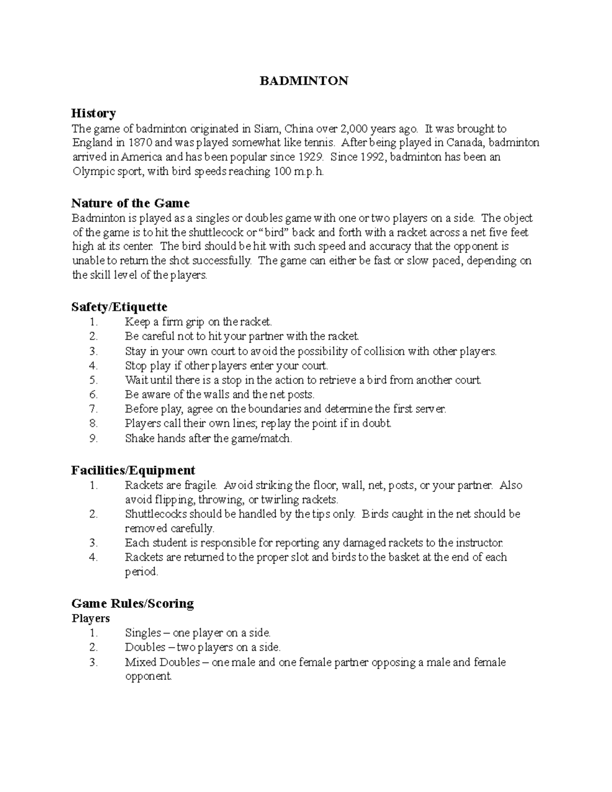 Badminton - For lesson - BADMINTON History The game of badminton ...