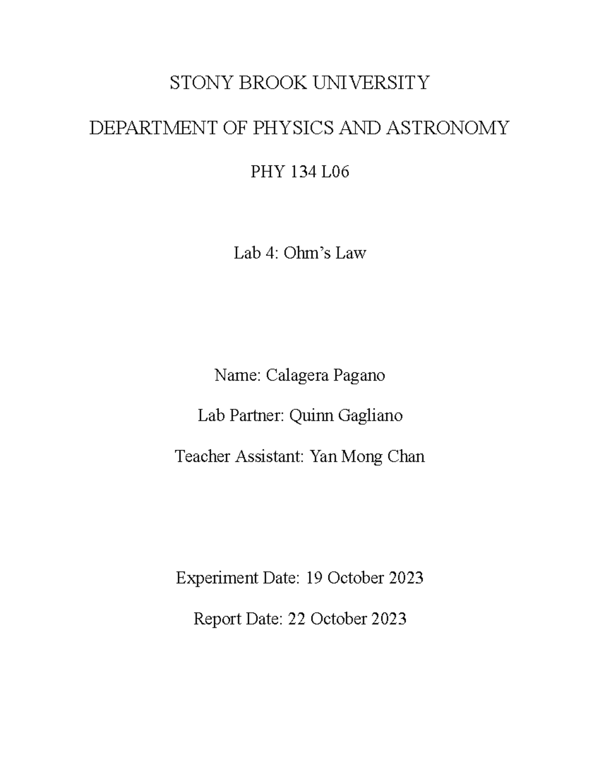 Ohm's Law Report - STONY BROOK UNIVERSITY DEPARTMENT OF PHYSICS AND ...