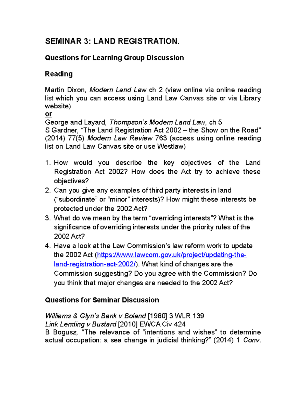 Seminar 3 - Land law notes - SEMINAR 3: LAND REGISTRATION. Questions ...