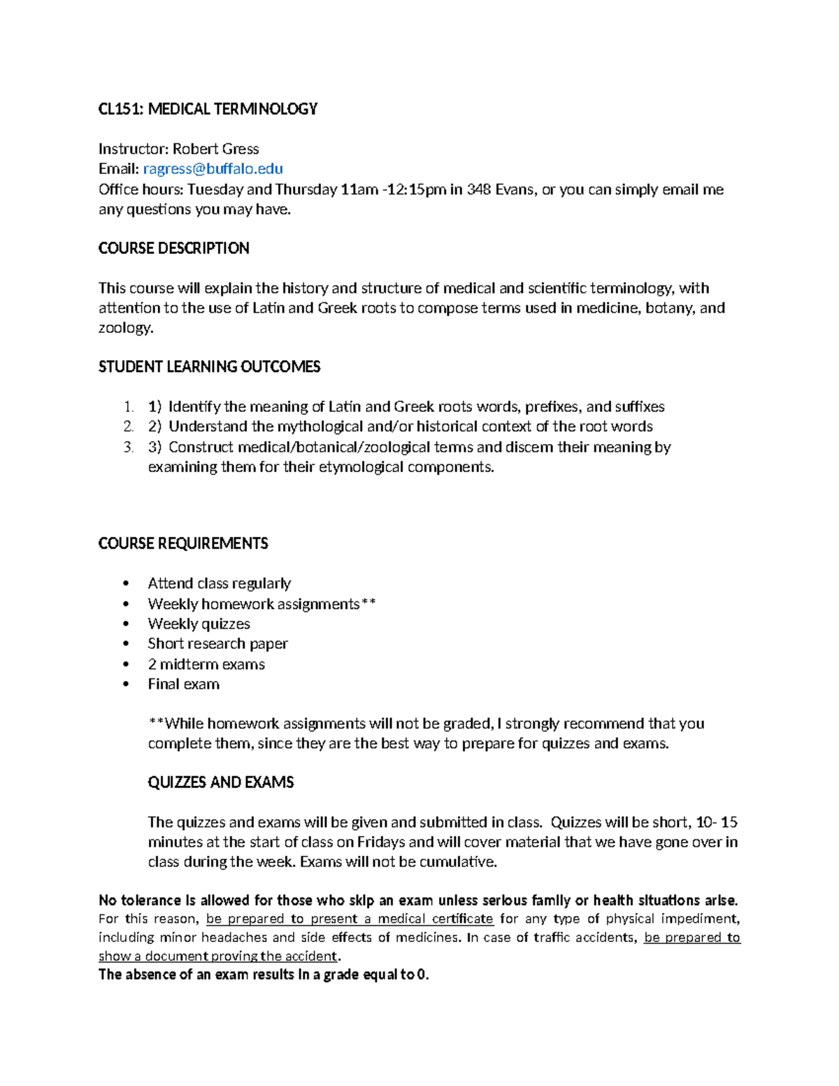Syllabus for Med. Terms 151 #2 - CL151: MEDICAL TERMINOLOGY Instructor ...