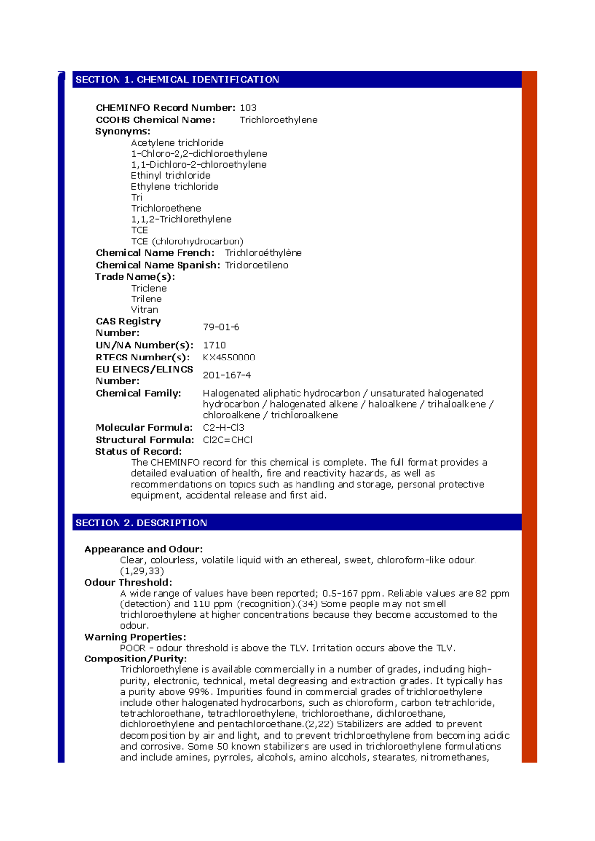 Trichloroethylene Ccohs - SECTION 1. CHEMICAL IDENTIFICATION CHEMINFO ...