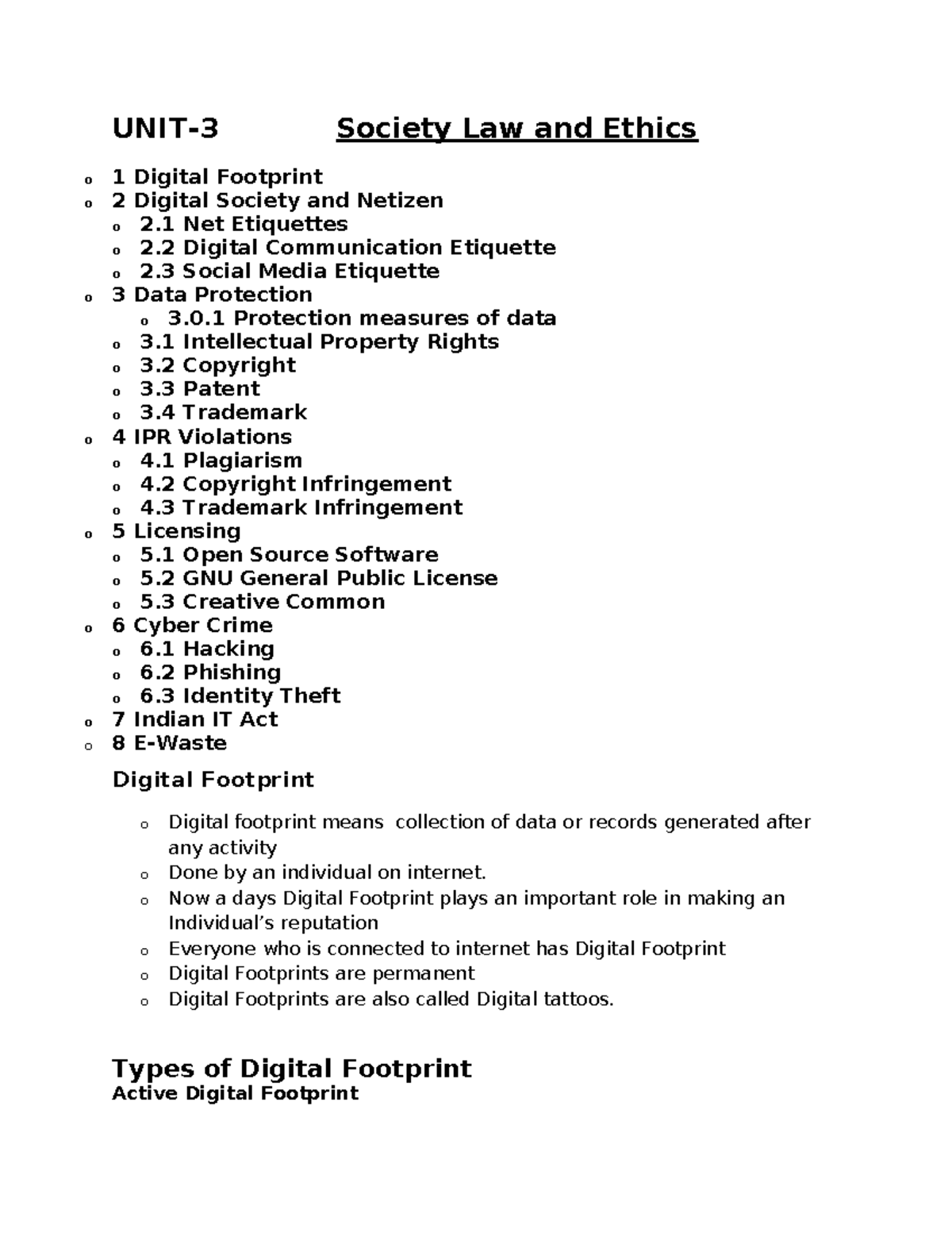 CBSE CS UNIT-3 Notes - UNIT-3 Society Law and Ethics o 1 Digital ...