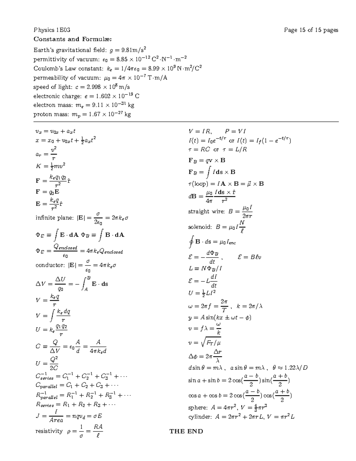 Physics 1E03 formula sheet - Physics 1E03 Page 15 of 15 pages Constants ...