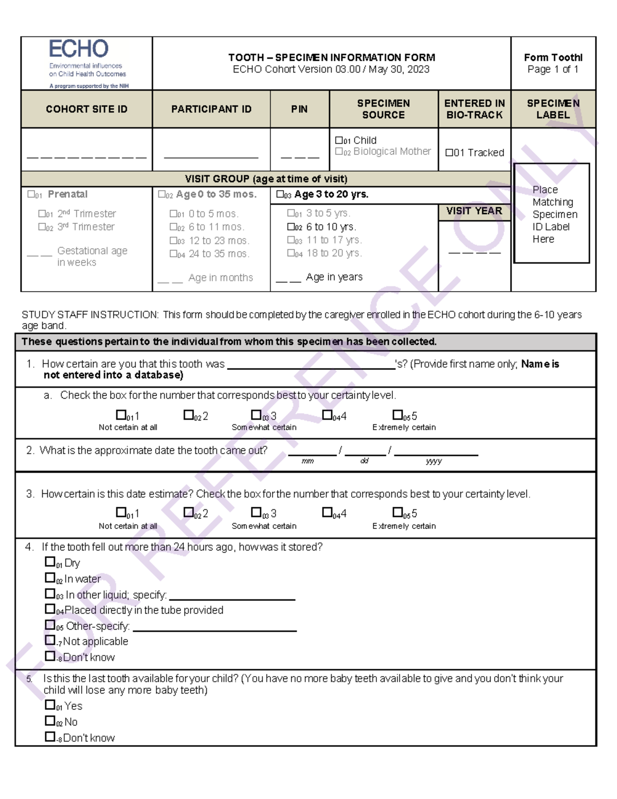 ECHO Cycle 2 Tooth Specimen Information Form SIF1 - TOOTH – SPECIMEN ...