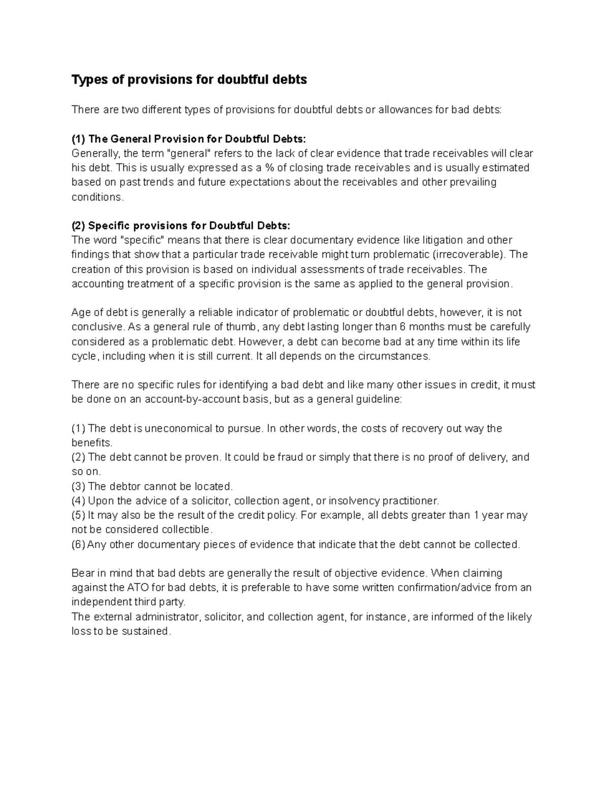 Types of provisions for doubtful debts - This is usually expressed as a ...