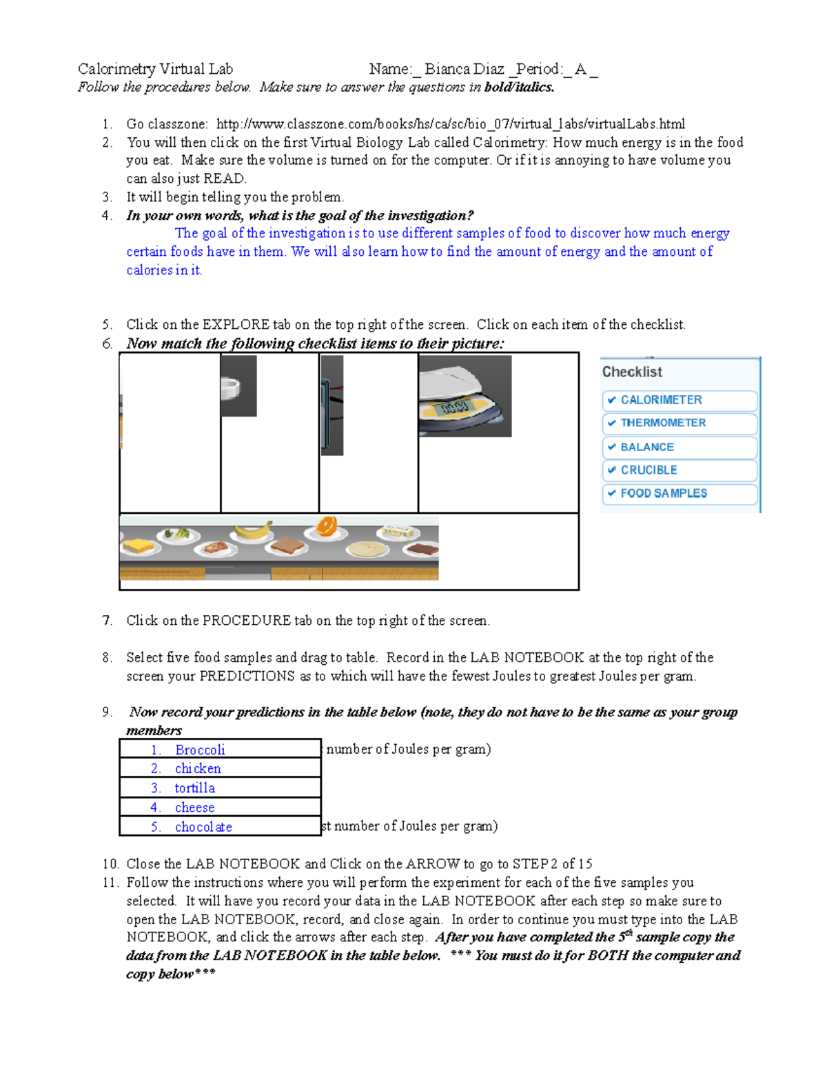 Calorimetry Virtual Lab - Make sure to answer the questions in bold ...
