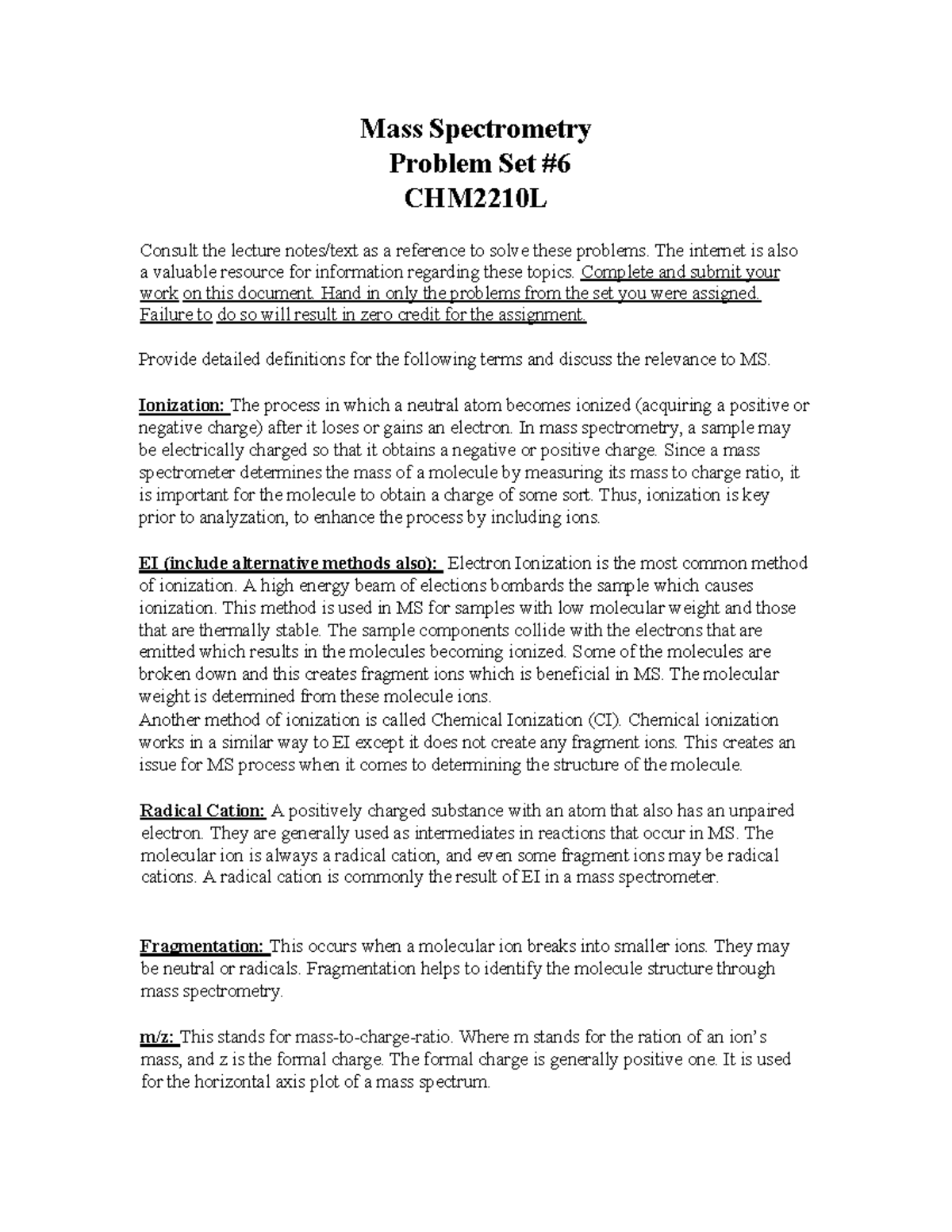 Mass Spec Problem Set #6 2 - CHM 2210 - HCC - Studocu