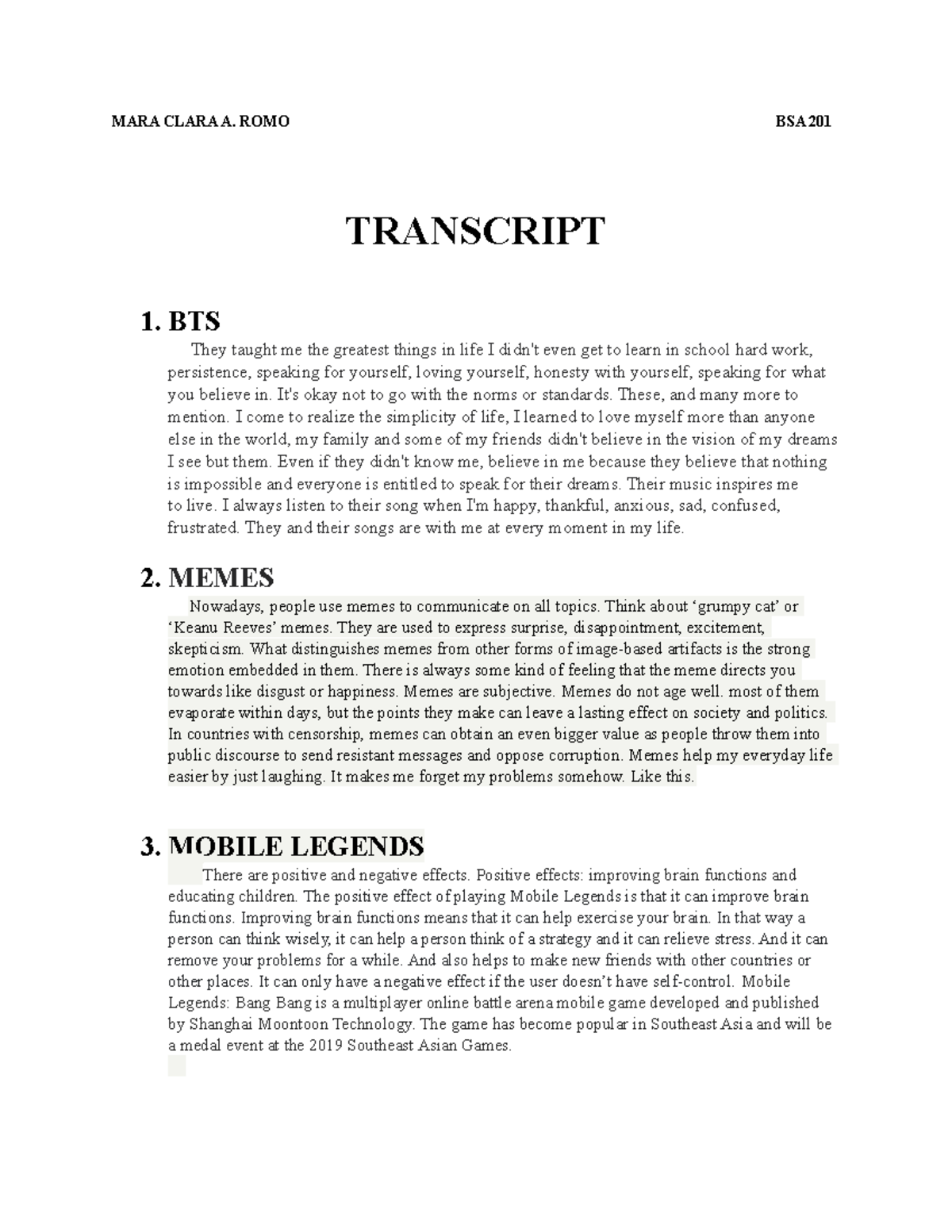 POP Culture Transcript - MARA CLARA A. ROMO BSA 201 TRANSCRIPT 1. BTS ...