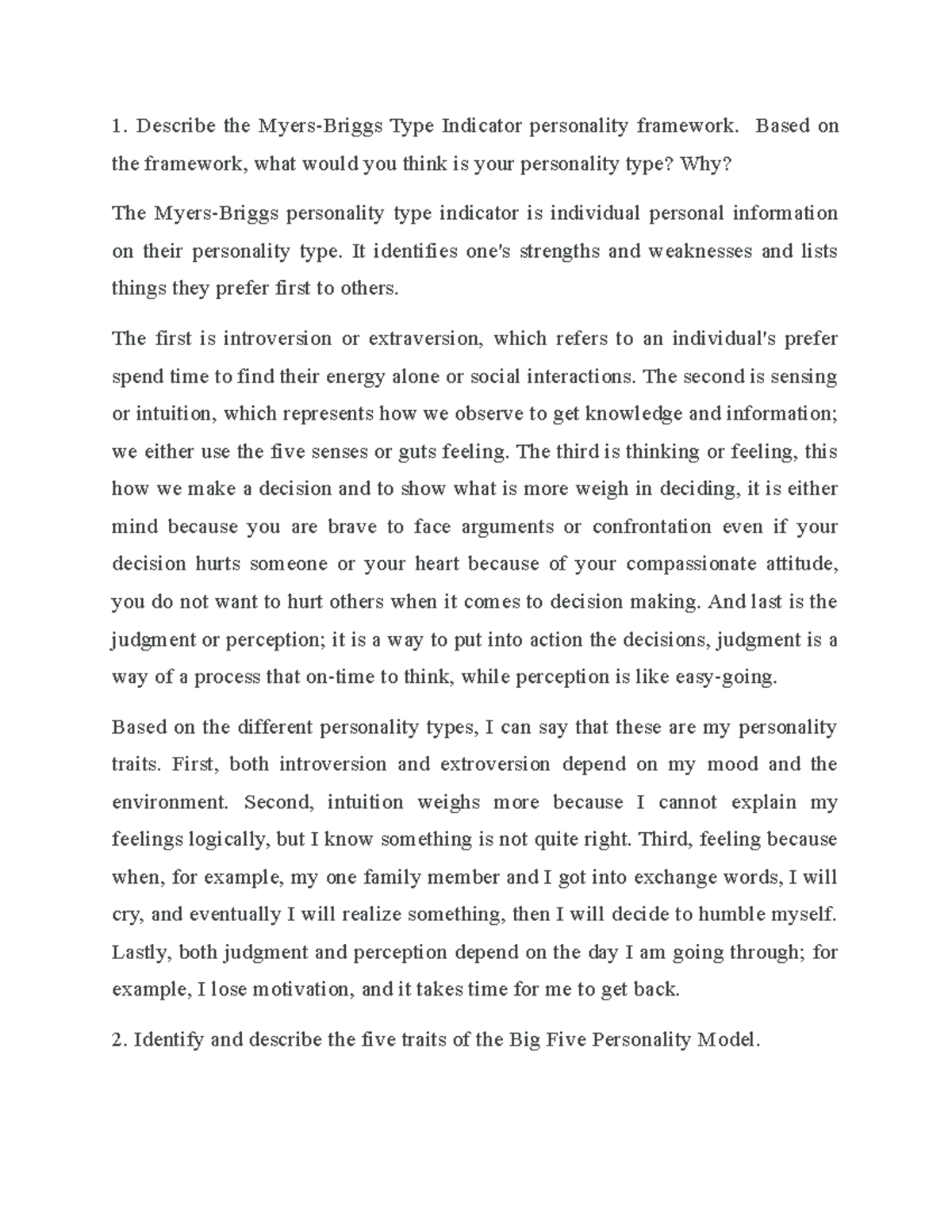 1. Describe the Myers-Briggs Type Indicator personality framework ...