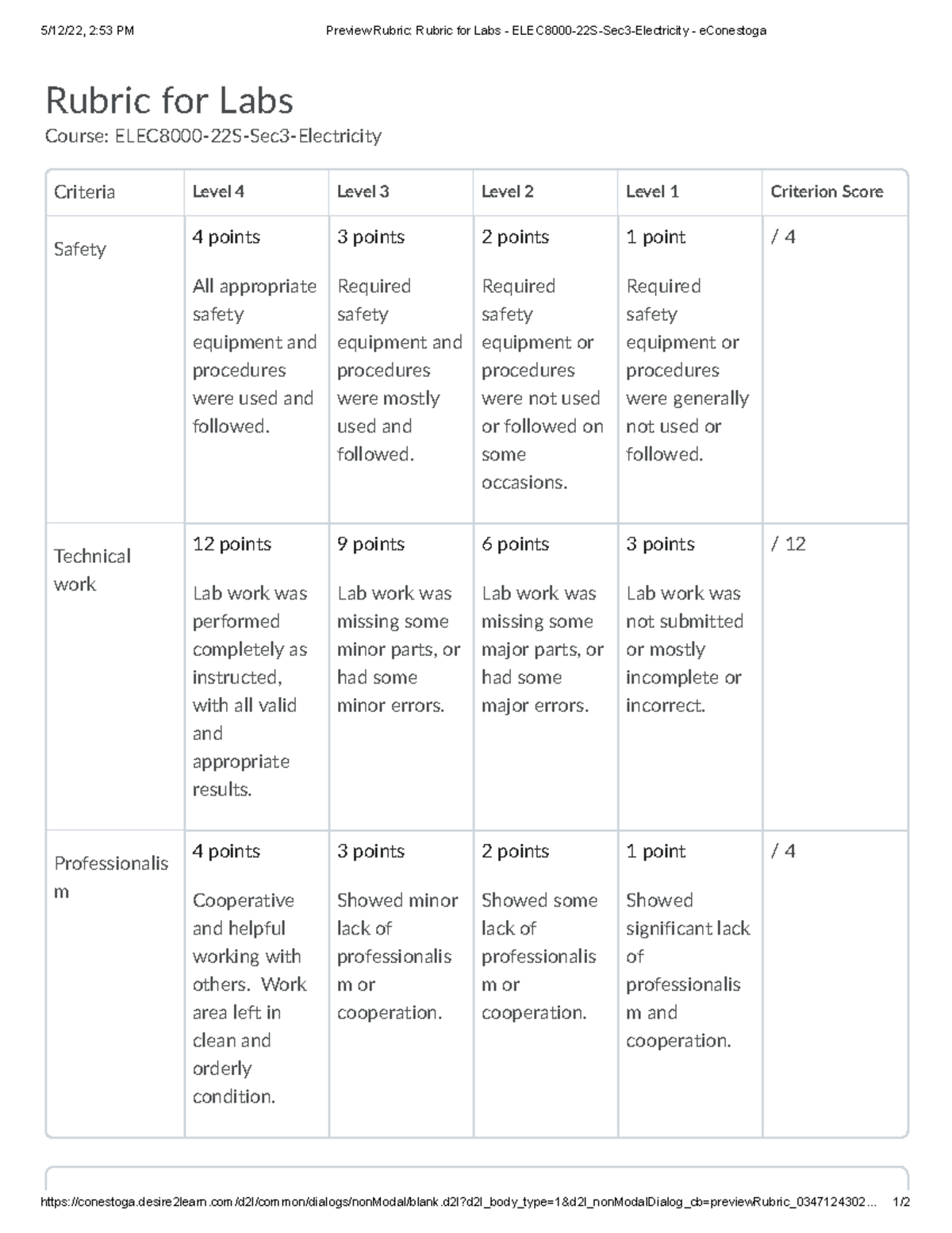 Preview Rubric Rubric for Labs - ELEC8000-22S-Sec3-Electricity - - Studocu