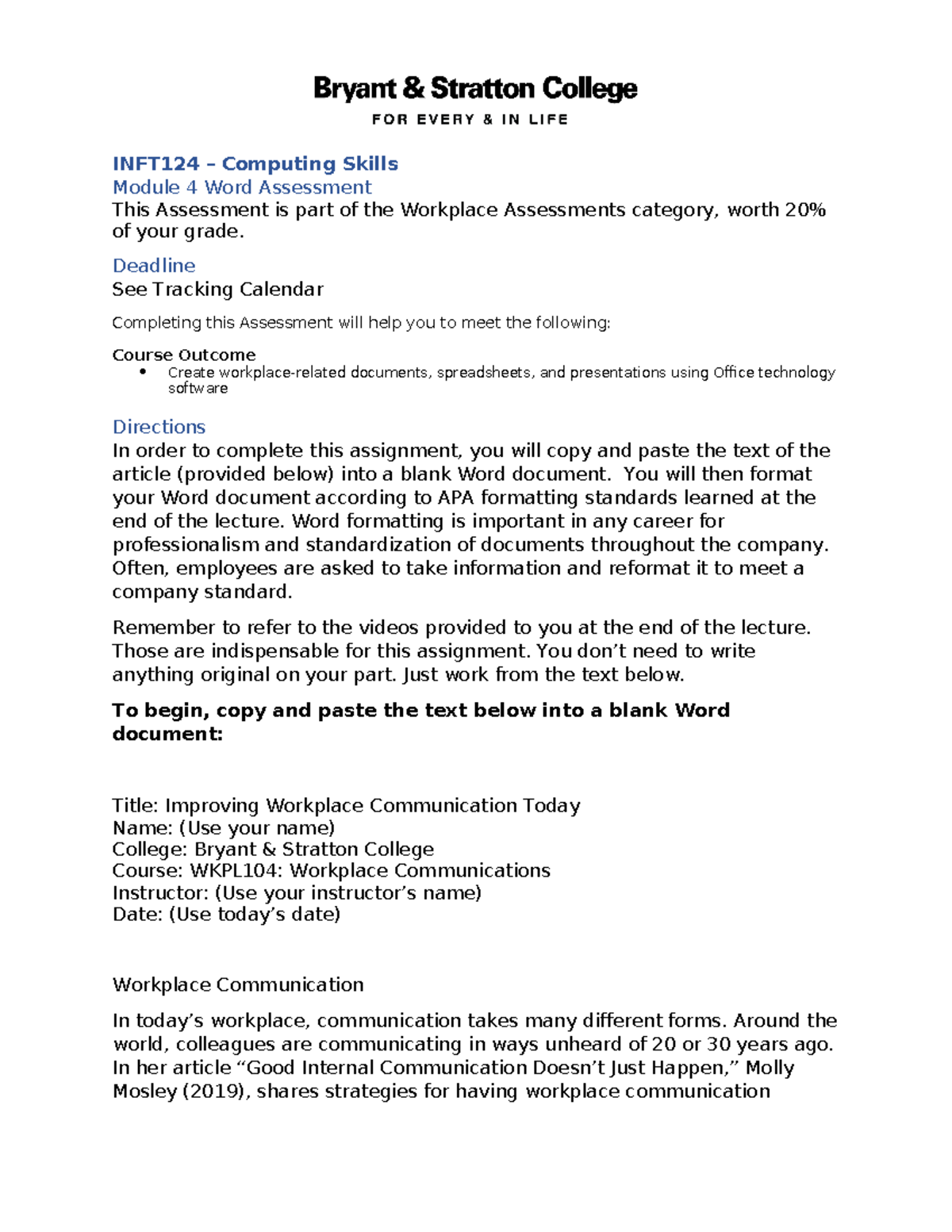 INFT124 - Module 4 Word Assessment - INFT124 – Computing Skills Module ...