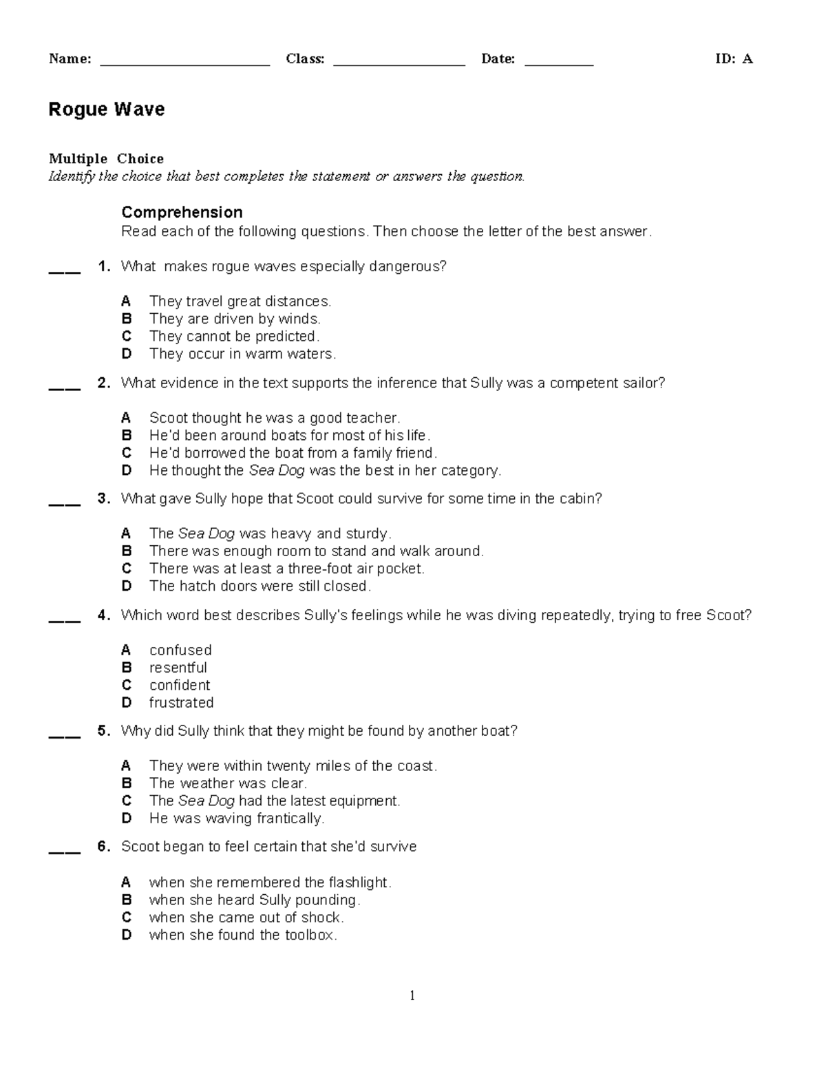 Quiz Rogue Wave - very good - Name: ______________________ Class ...