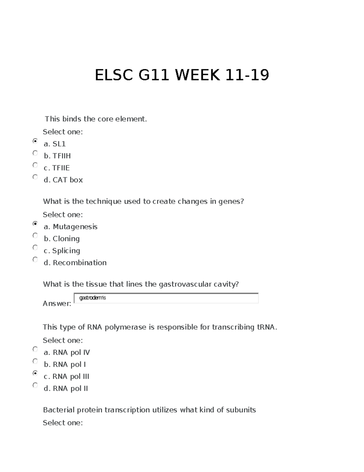 ELSC Answer Key 1-10 - ELSC G11 WEEK 11- NOTE: This binds the core ...