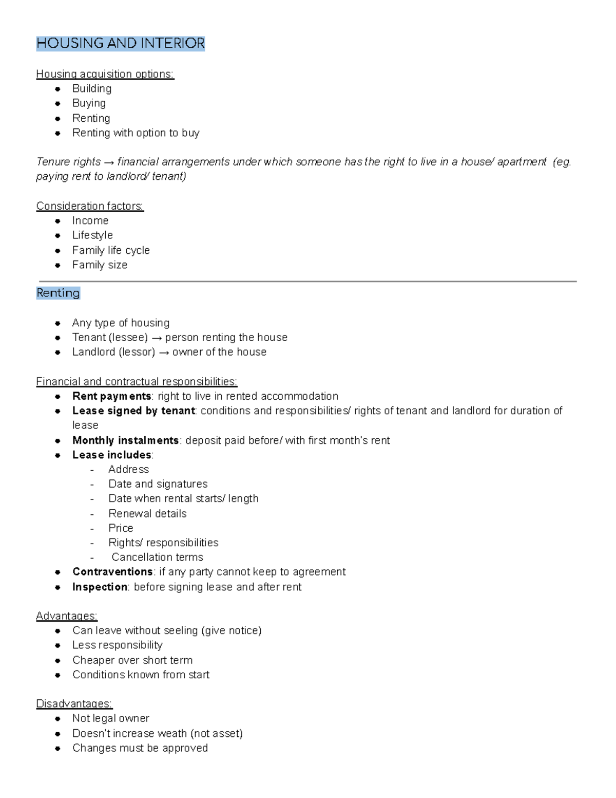 Housing Notes - HOUSING AND INTERIOR Housing acquisition options ...