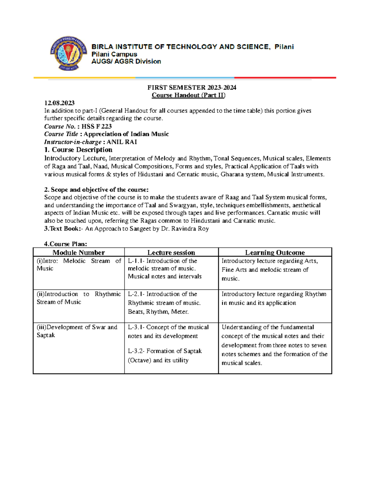 HSS F223 1596 20230811103154 - FIRST SEMESTER 2023- 2024 Course Handout (Part II) 12. In ...