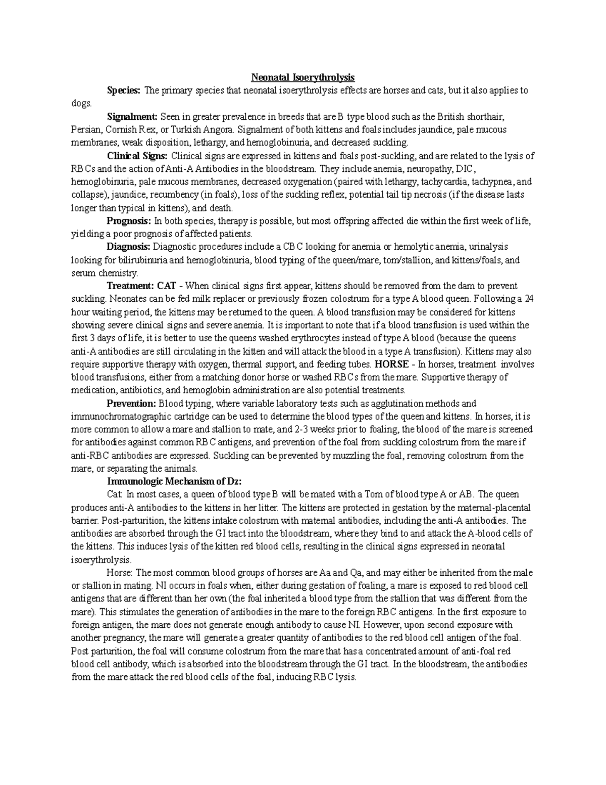 Neonatal Isoerythrolysis Outline - Neonatal Isoerythrolysis Species ...