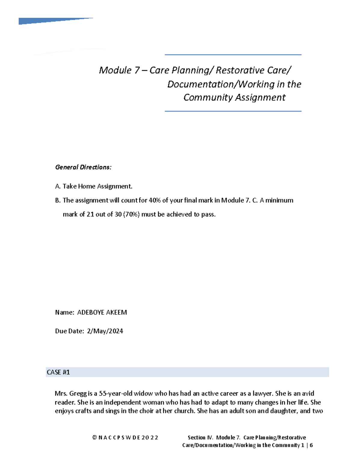 IModule 7 Care Planning - © N A C C P S W D E 2 0 2 2 Section IV ...