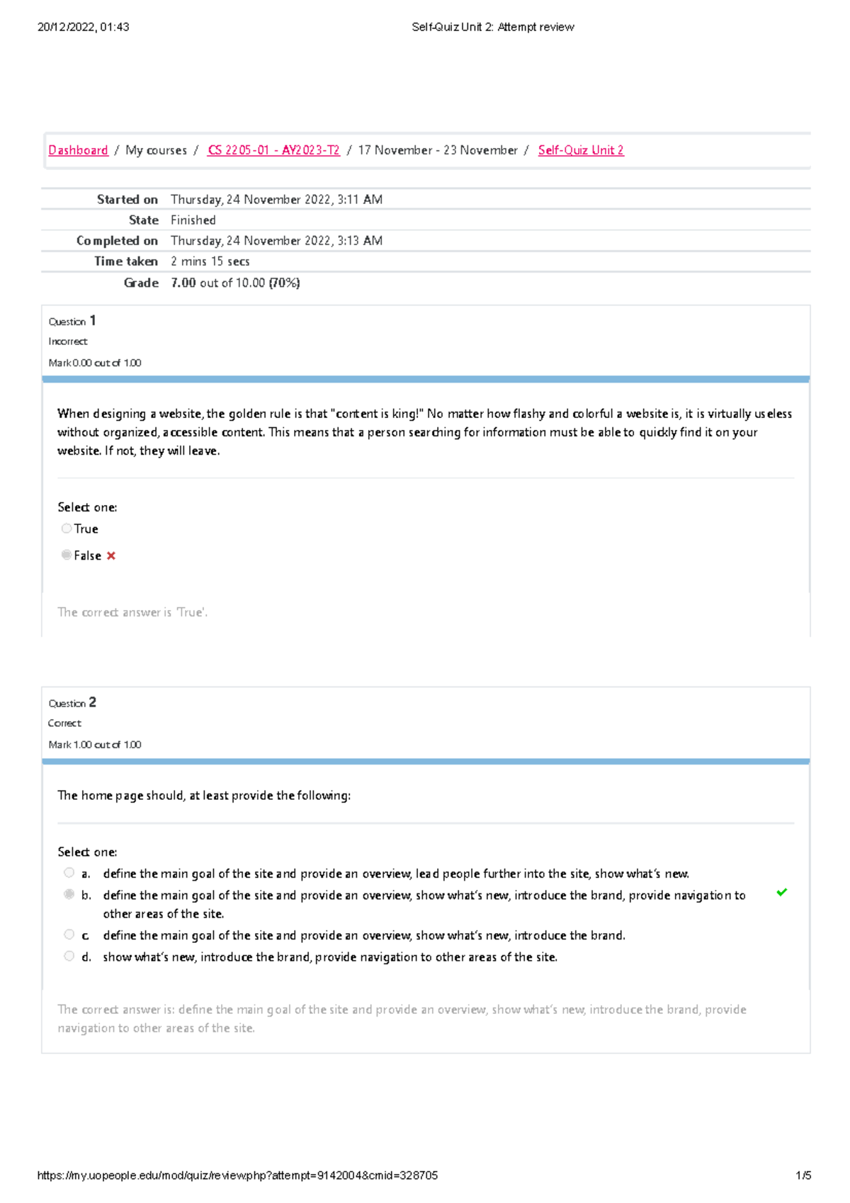Self Quiz Unit 2 A - Started on Thursday, 24 November 2022, 3:11 AM State Finished Completed on ...