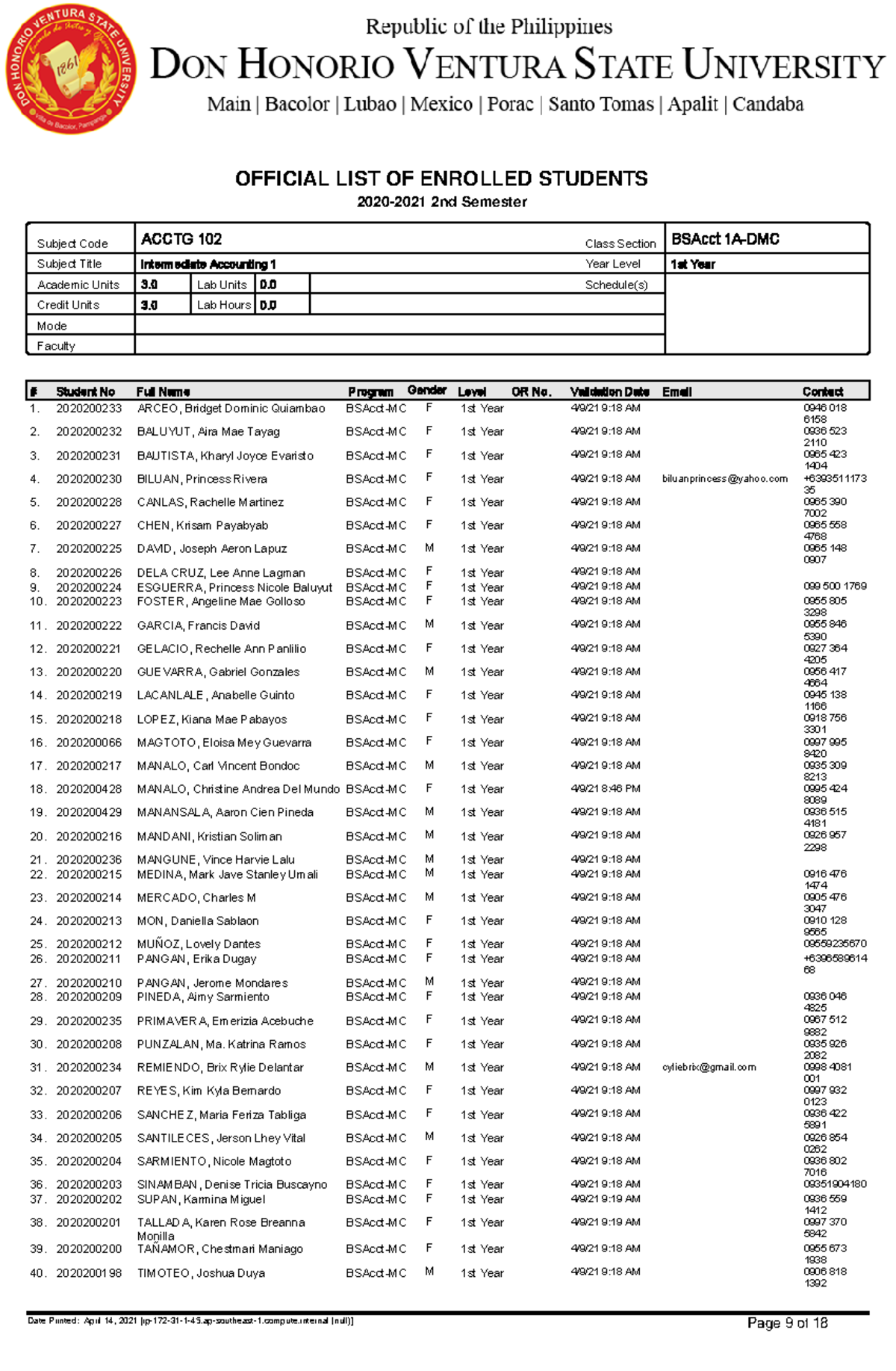 BSA-1A- Intacctg - Accounting - 2020-2021 2nd Semester OFFICIAL LIST OF ...