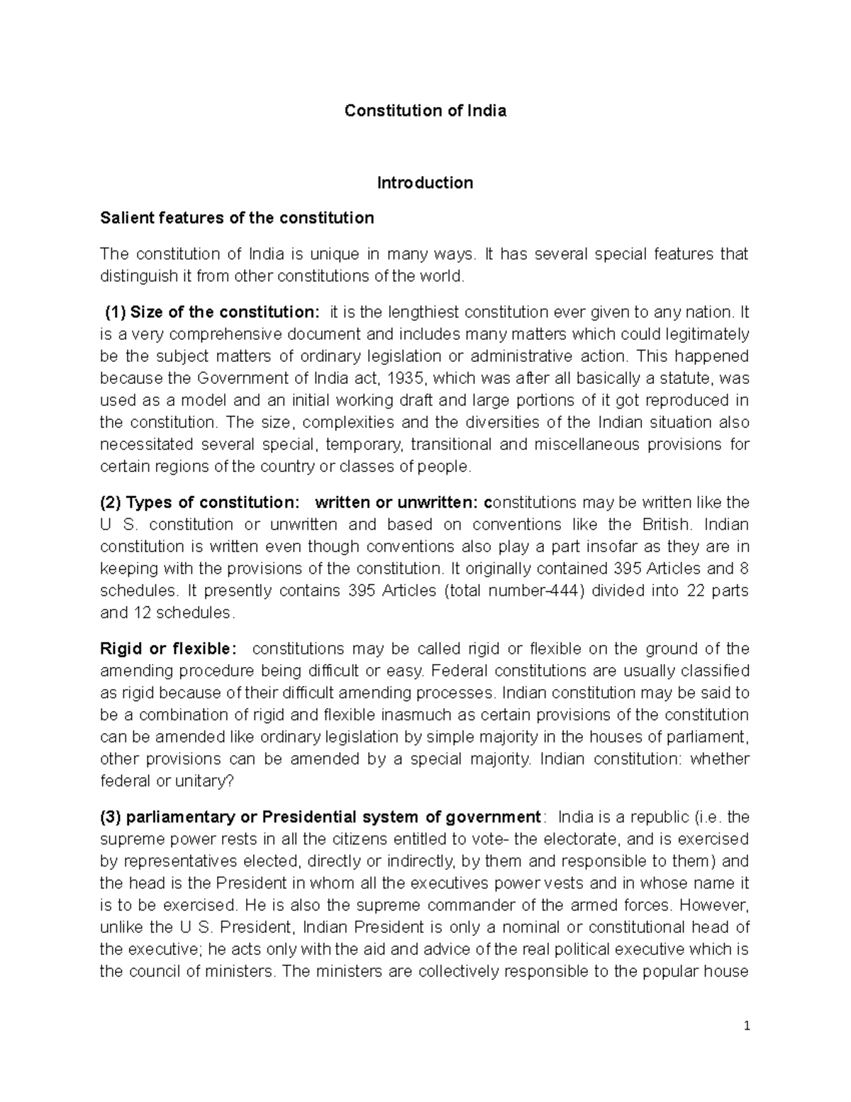Constitution full notes - Constitution of India Introduction Salient ...