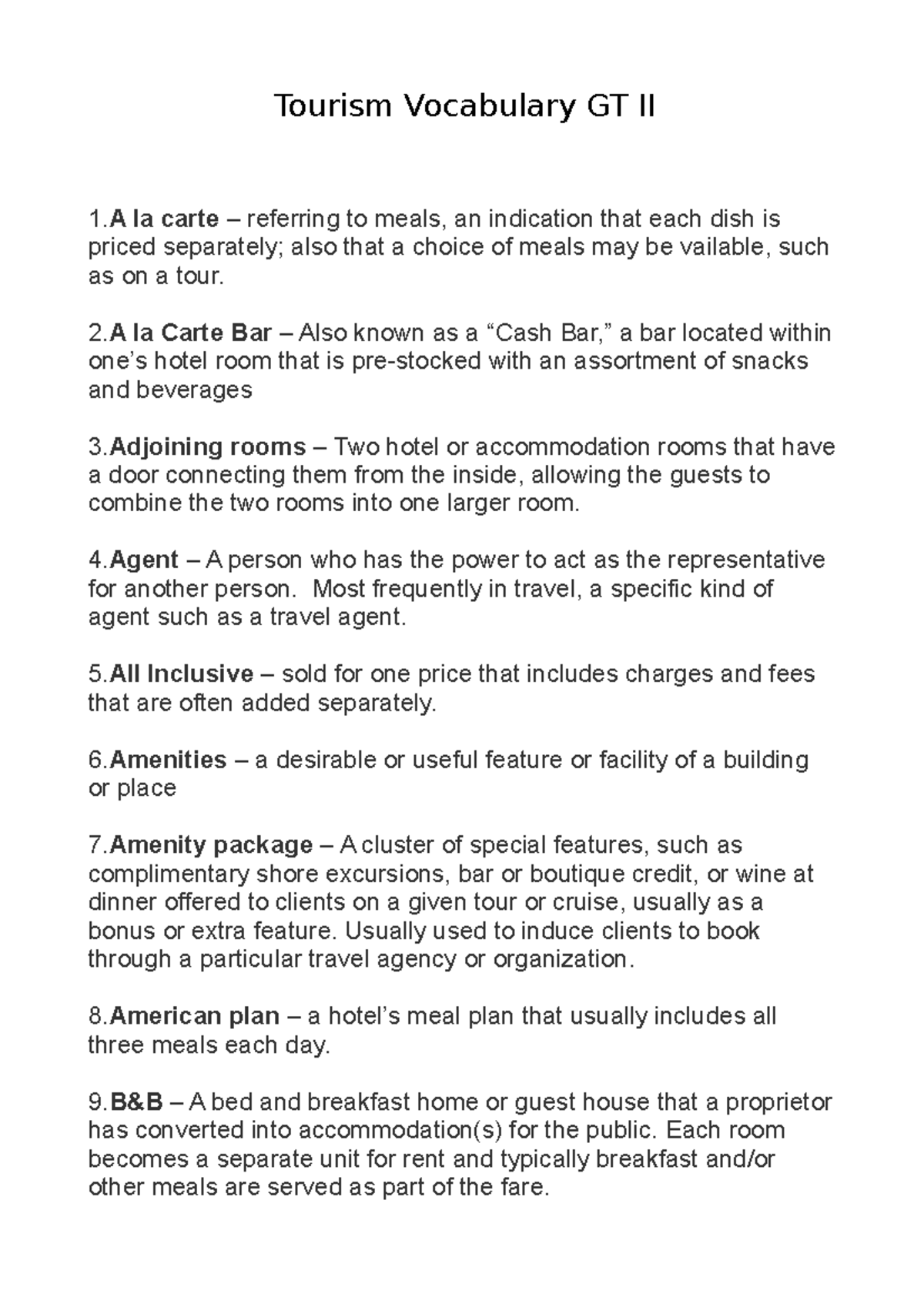GT II Tourism Vocabulary word - Tourism Vocabulary GT II 1 la carte ...