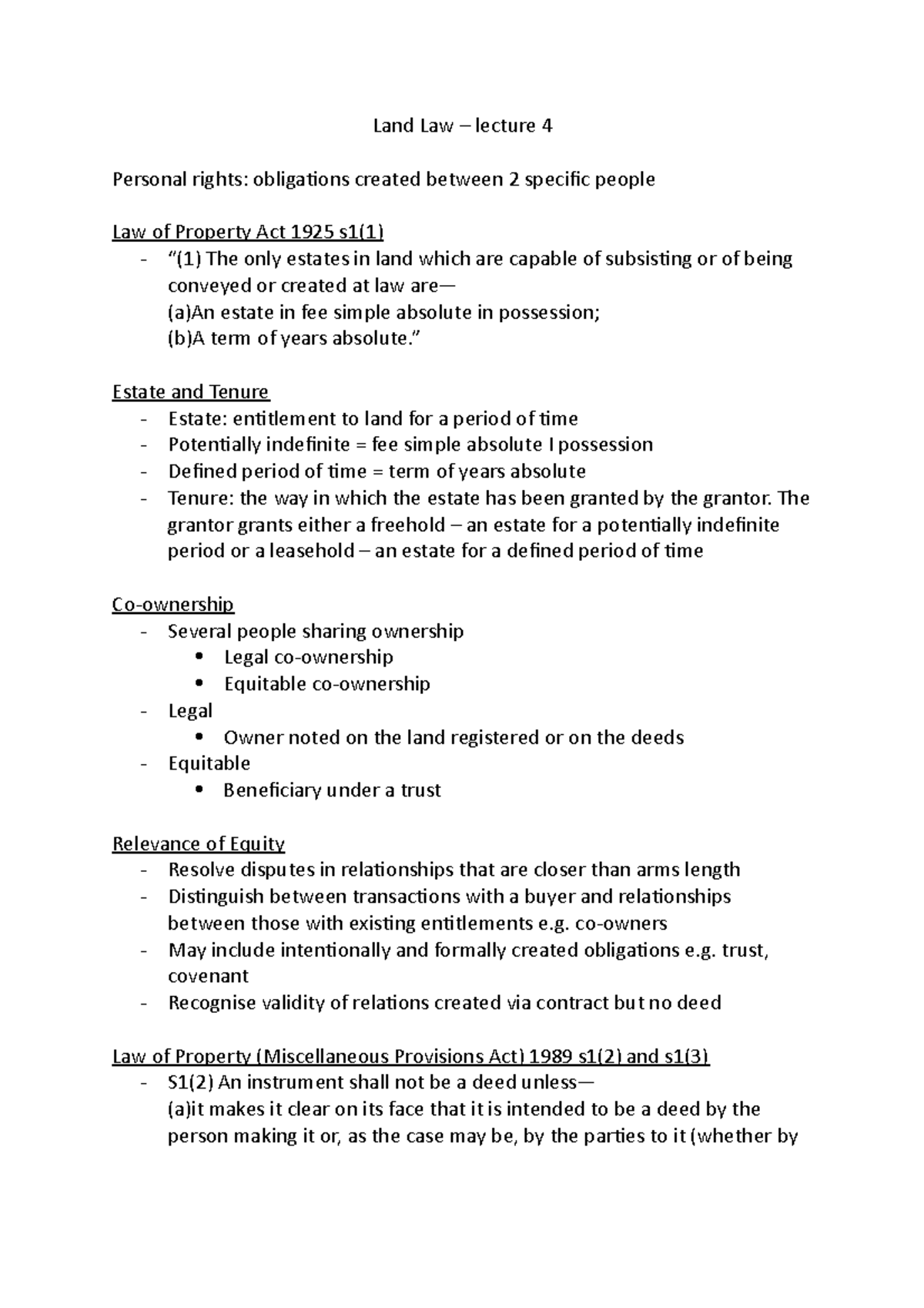 Lecture 4- Types of ownership - Land Law – lecture 4 Personal rights ...