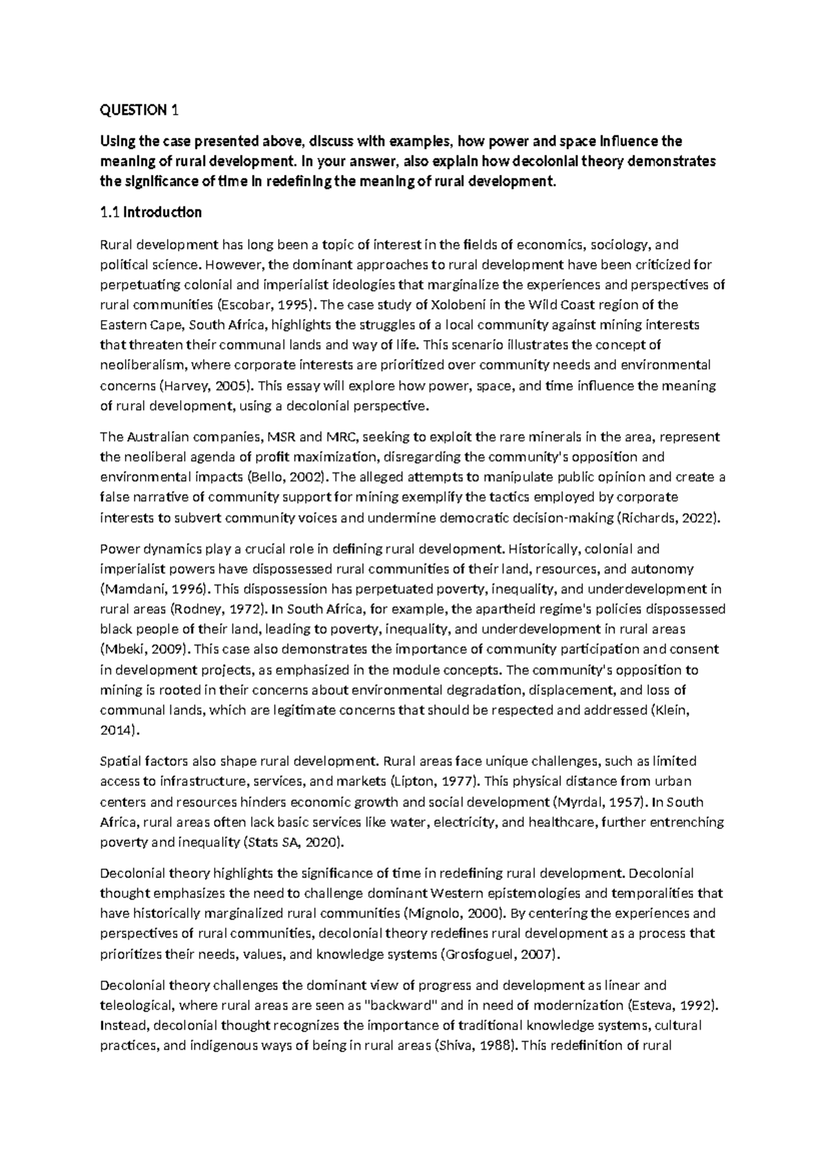 Question 1 - xobeleni essay - QUESTION 1 Using the case presented above ...