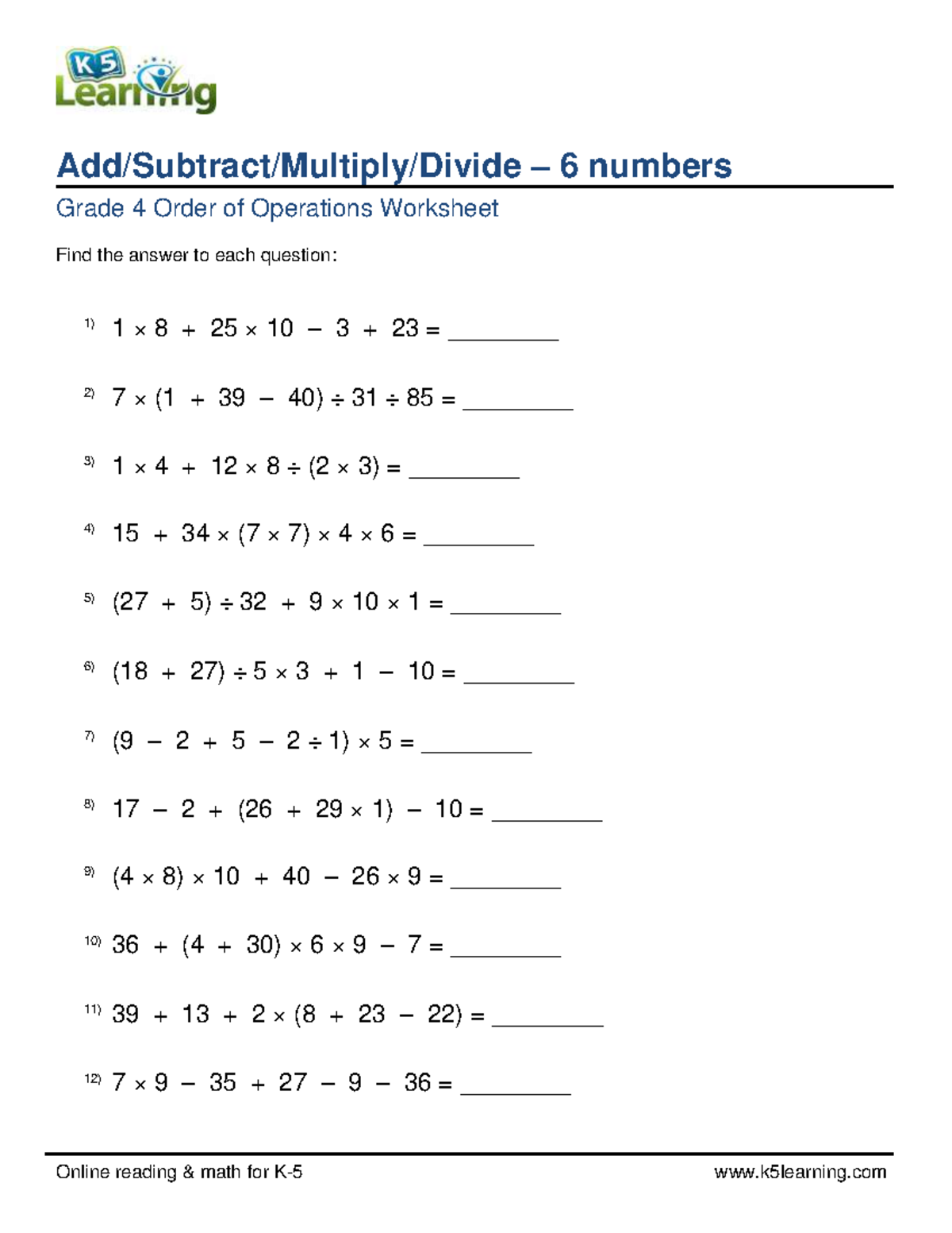 Grade 4 add subtract multiply divide parenthesis six numbers e - Online ...