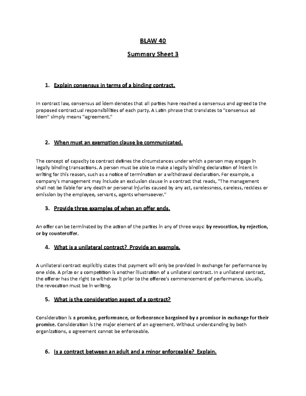 BLAW 40 Summary Sheet 3 - Explain consensus in terms of a binding ... BLAW 40 Summary Sheet 3 - Explain consensus in terms of a binding ...