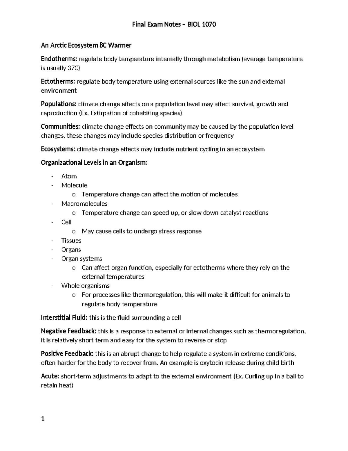 Final Exam Notes - BIOL 1070 - An Arctic Ecosystem 8C Warmer Endotherms ...