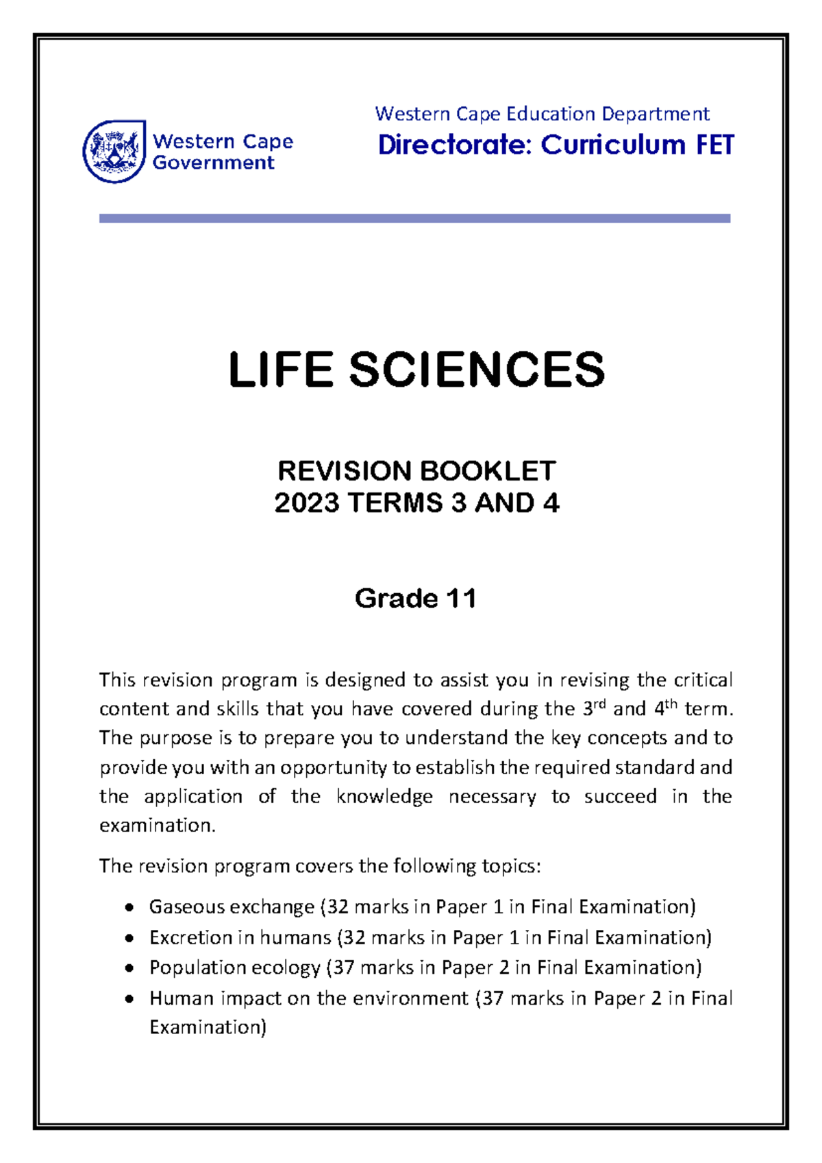 Grade 11 Life Sciences Revision material Term 3 and 4 2023 - Western ...