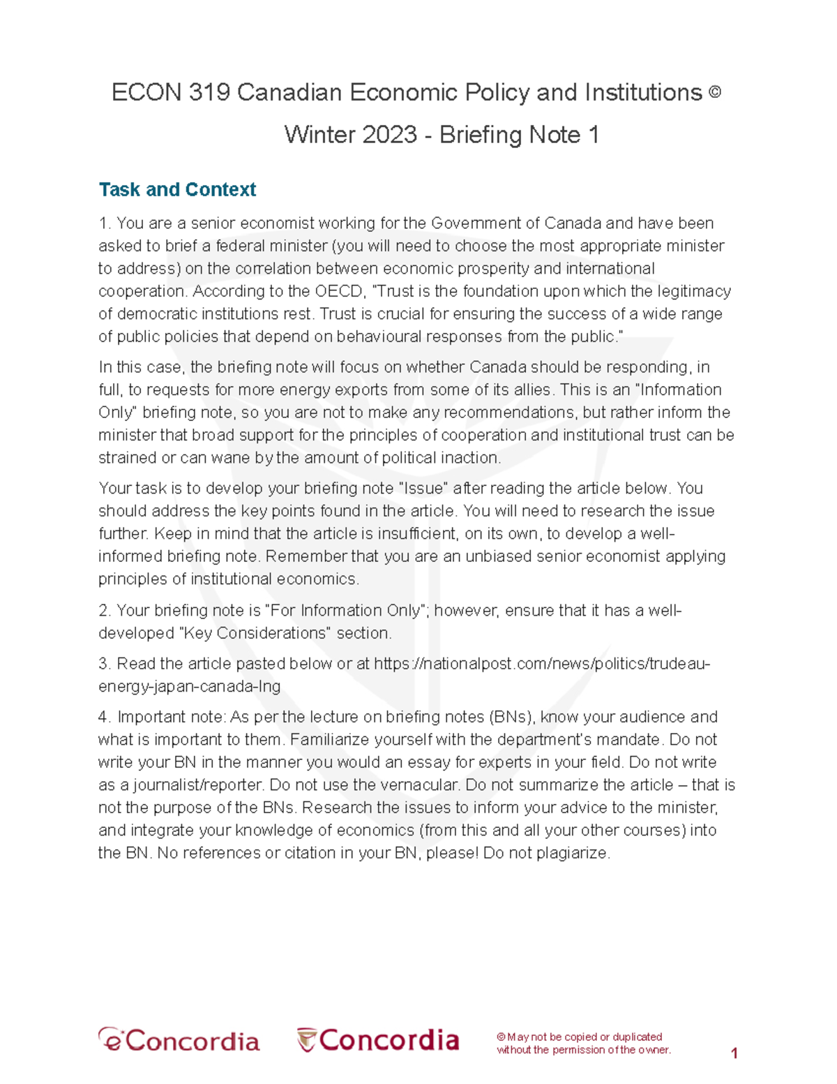Briefing Note 1 Instructions - ECON 319 Canadian Economic Policy and ...