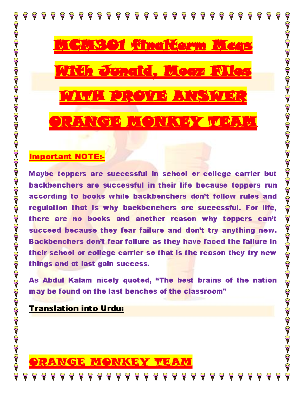 MCM301 Lec 23-45 finlterm QUIZ - ORANGE MONKEY TEAM MCM 301 finalterm ...