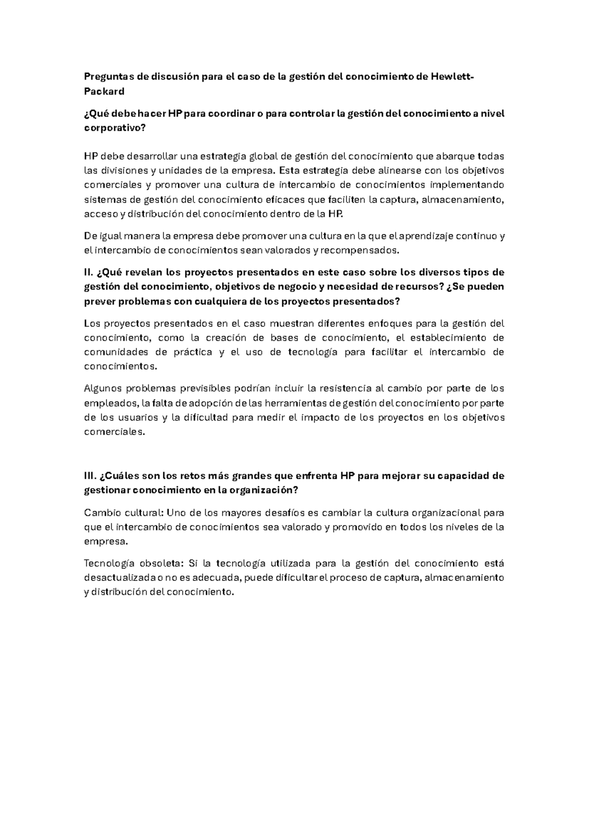 HP Preguntas - Preguntas de discusión para el caso de la gestión del ...