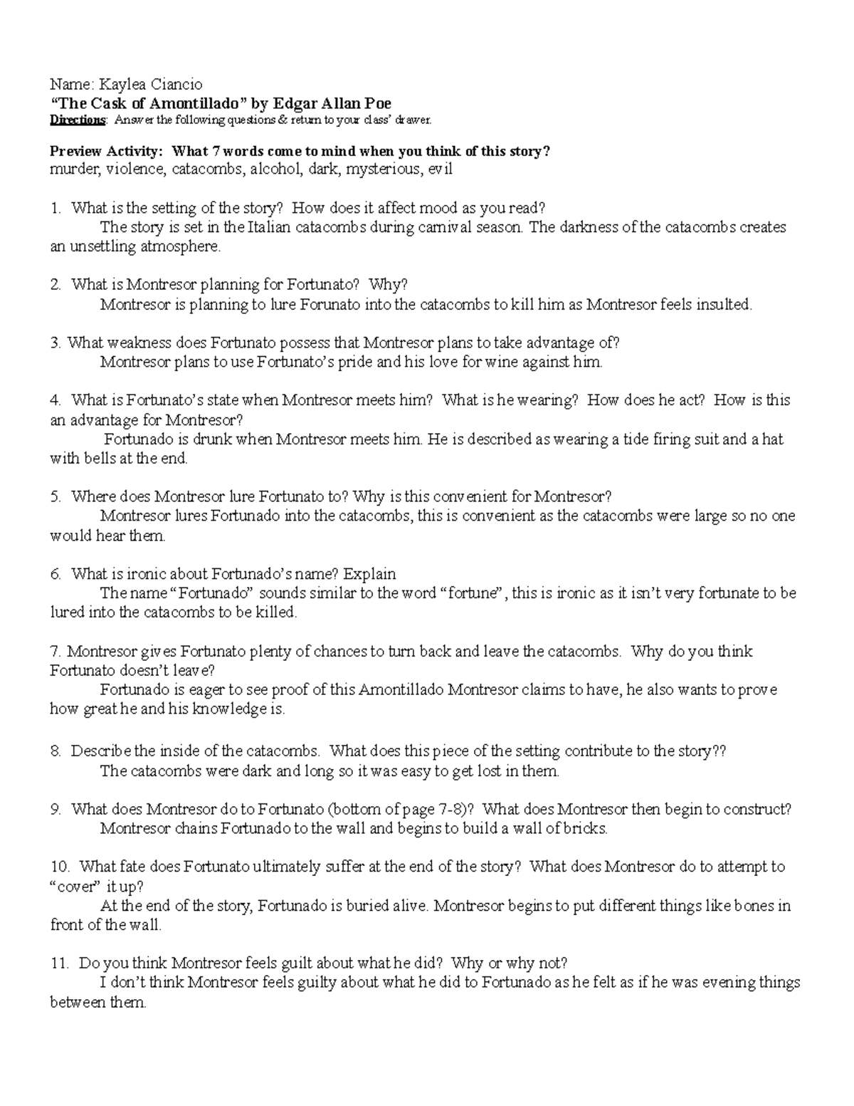 Cask of Amontillado Post Reading - Name: Kaylea Ciancio “The Cask of ...