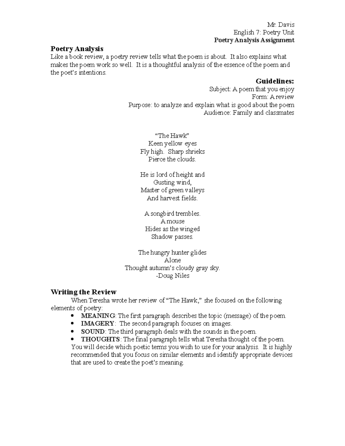Poetry Analysis Guideline - Mr. Davis English 7: Poetry Unit Poetry ...